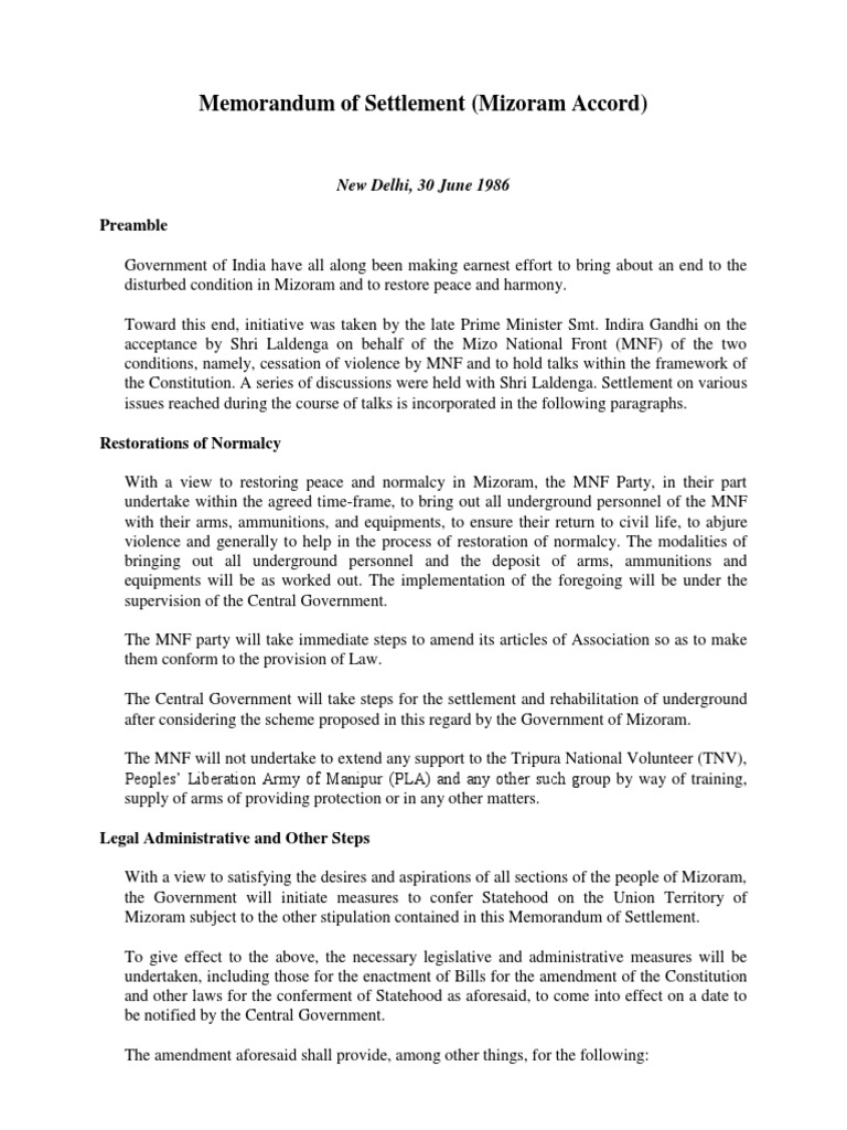 Memorandum of Settlement (Mizo Accord) PDF | PDF | U.S. State | United ...