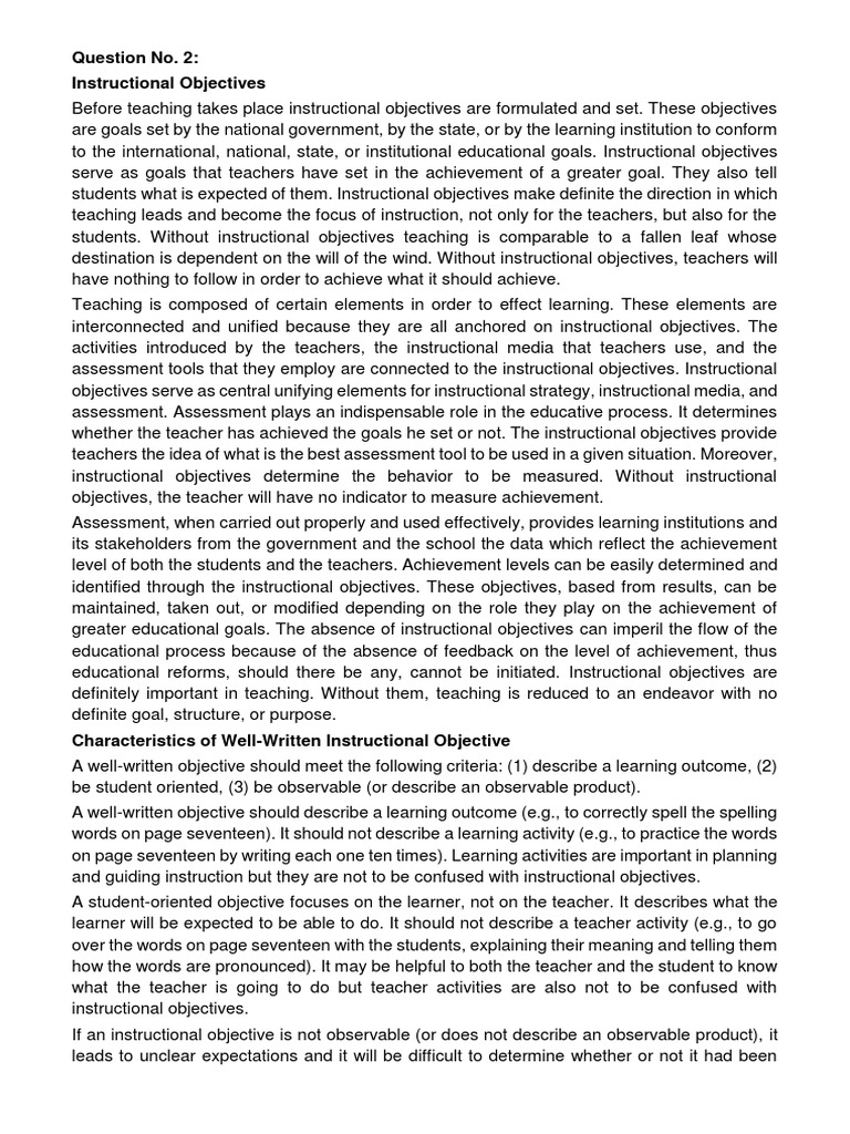 Question No. 2: Instructional Objectives | PDF | Educational Assessment ...