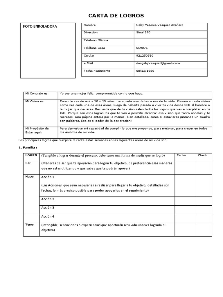 Modelo Carta de Logros | Vida