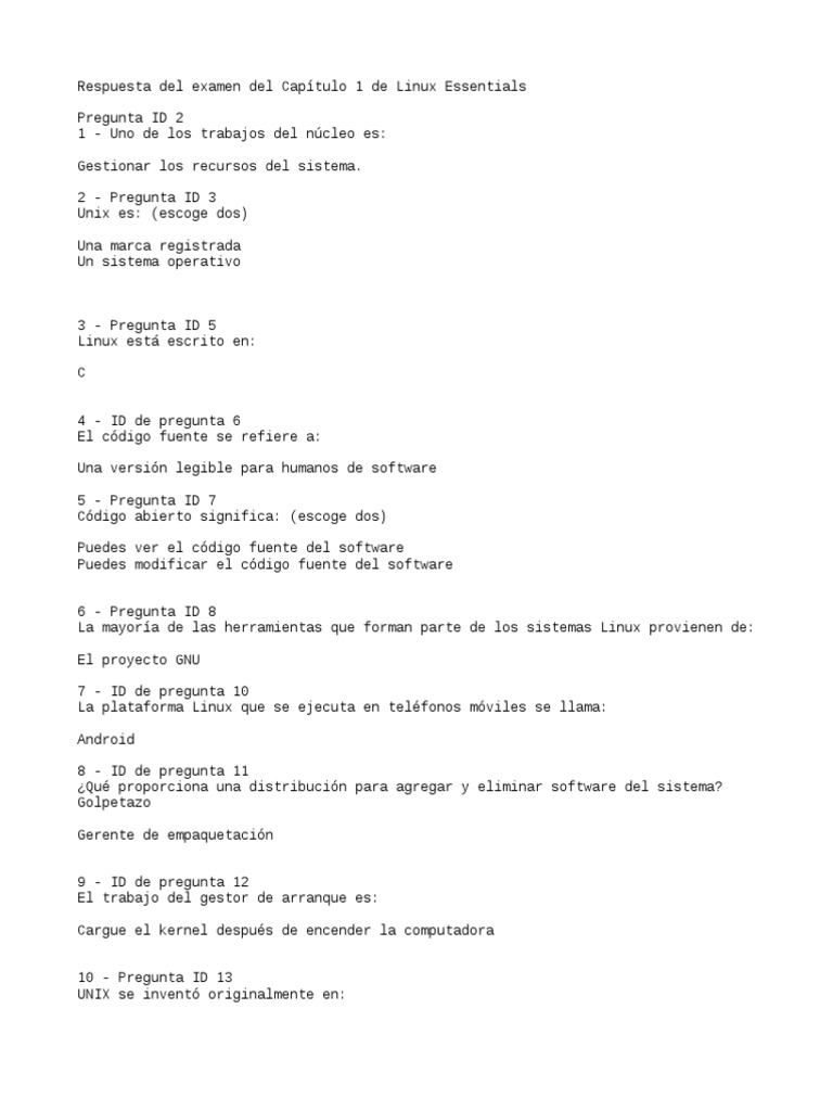 Respuestas Examen Linux Essentials | PDF | Distribución de Linux | Unix