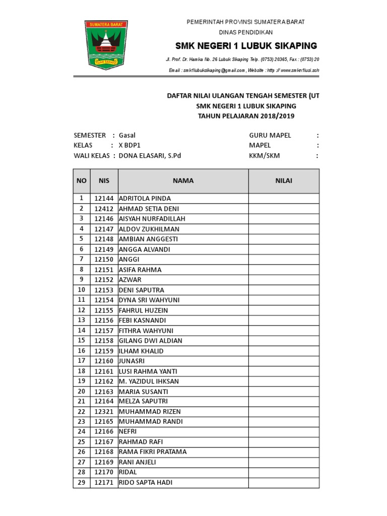 Format Nilai UTS | PDF