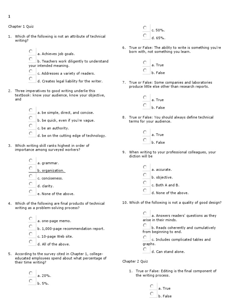 Technical Writing Quiz Chapters 1 To 10 | PDF | Question | Typefaces