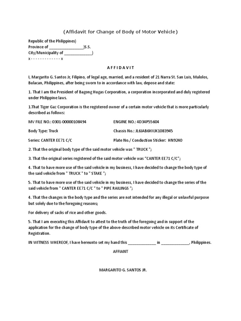Affidavit for Motor Vehicle Body Change | PDF