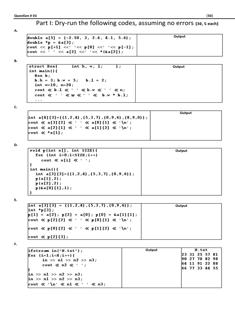 Part I: Dry-Run The Following Codes, Assuming No Errors: (30, 5 Each) | PDF | File Format ...
