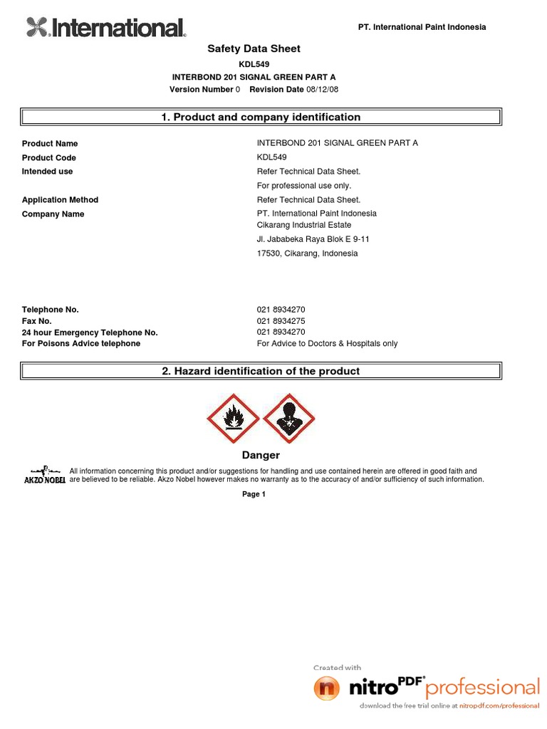 Safety Data Sheet for Interbond 201 Signal Green Part A Paint | PDF ...