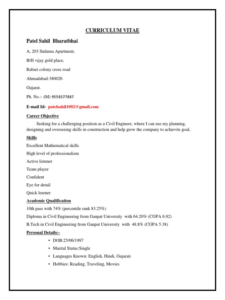 Civil Engineer CV - Sahil Patel | PDF