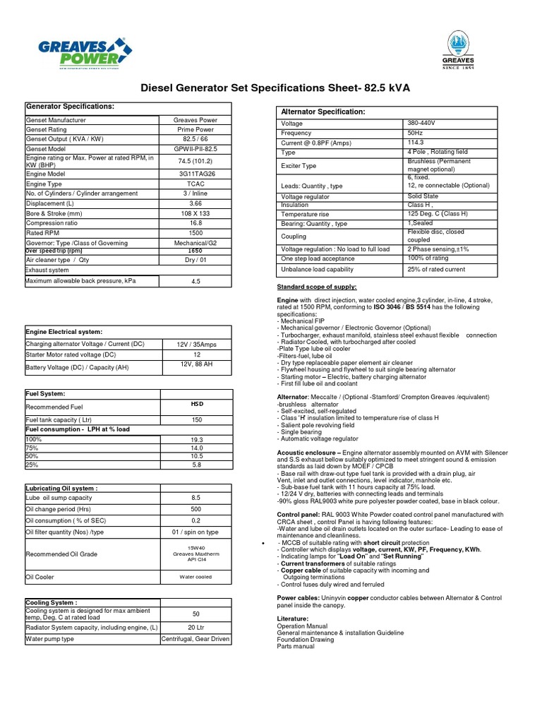 Diesel Generator Set Specifications Sheet-82.5 kVA | PDF | Diesel ...