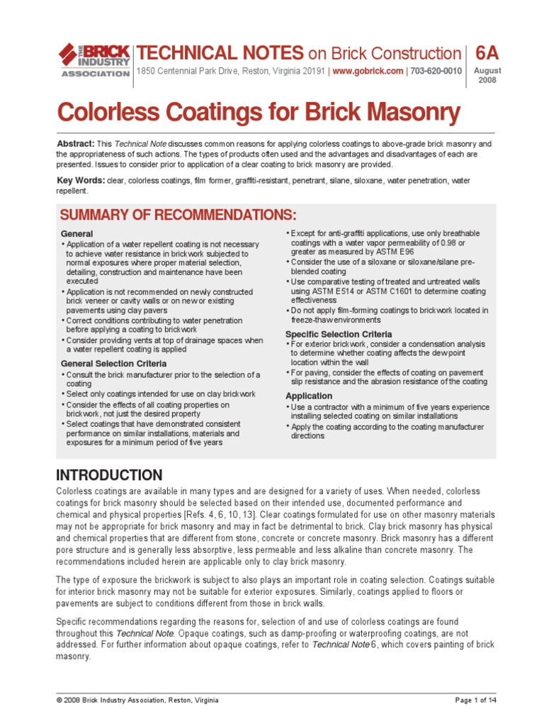 Colorless Coatings For Brick Masonry: Technical Notes 6A | PDF | Brick ...