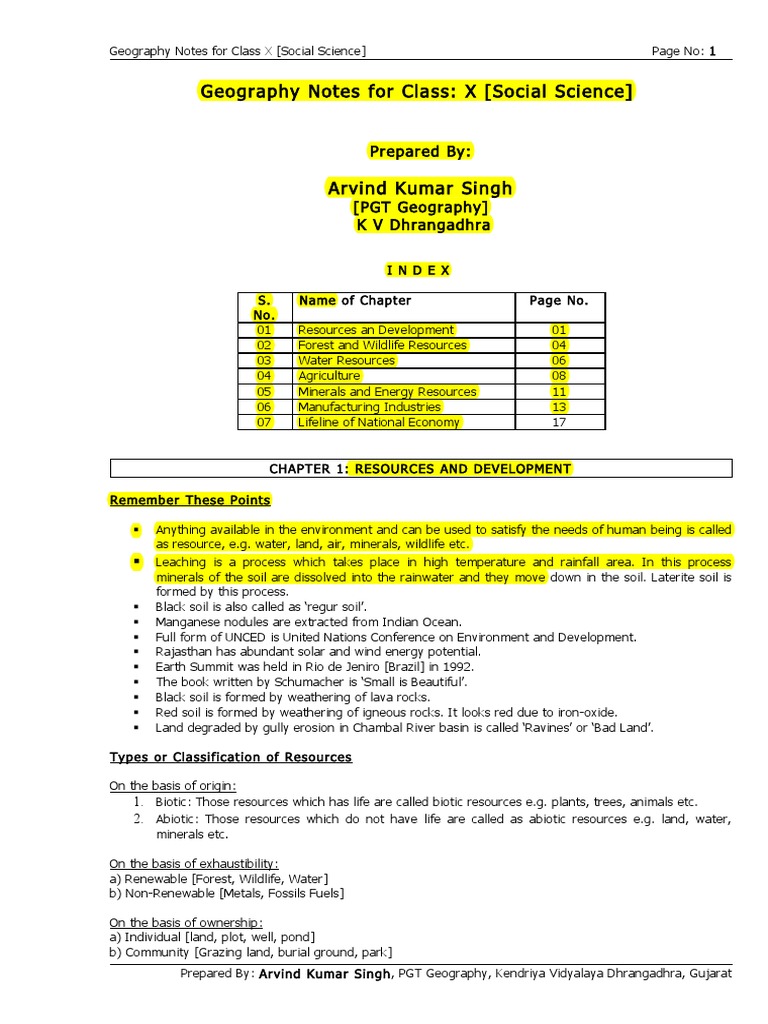 Geography Notes For Class: X (Social Science) : Prepared by | PDF ...