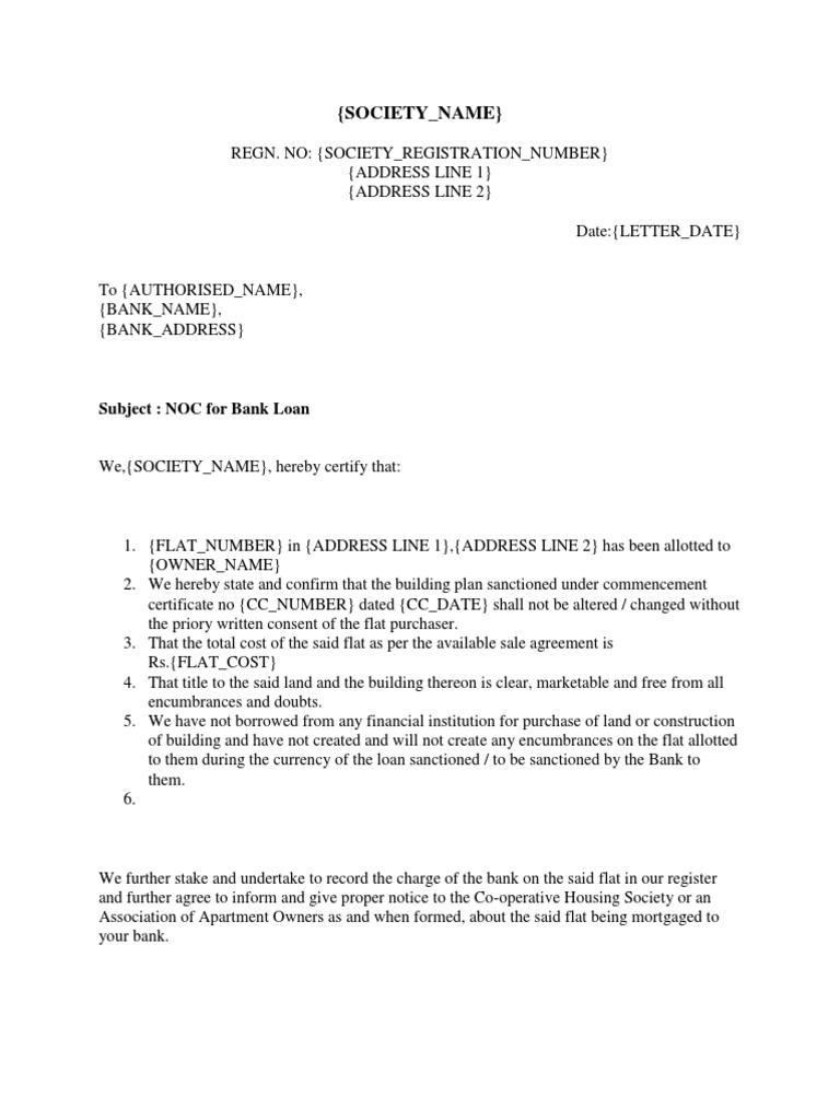 (Society - Name) : Subject: NOC For Bank Loan | PDF