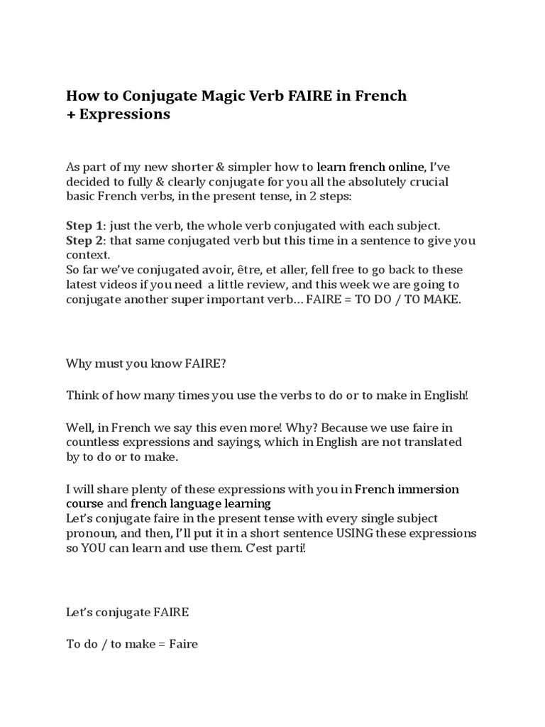How To Conjugate Magic Verb FAIRE in French + Expressions | PDF ...
