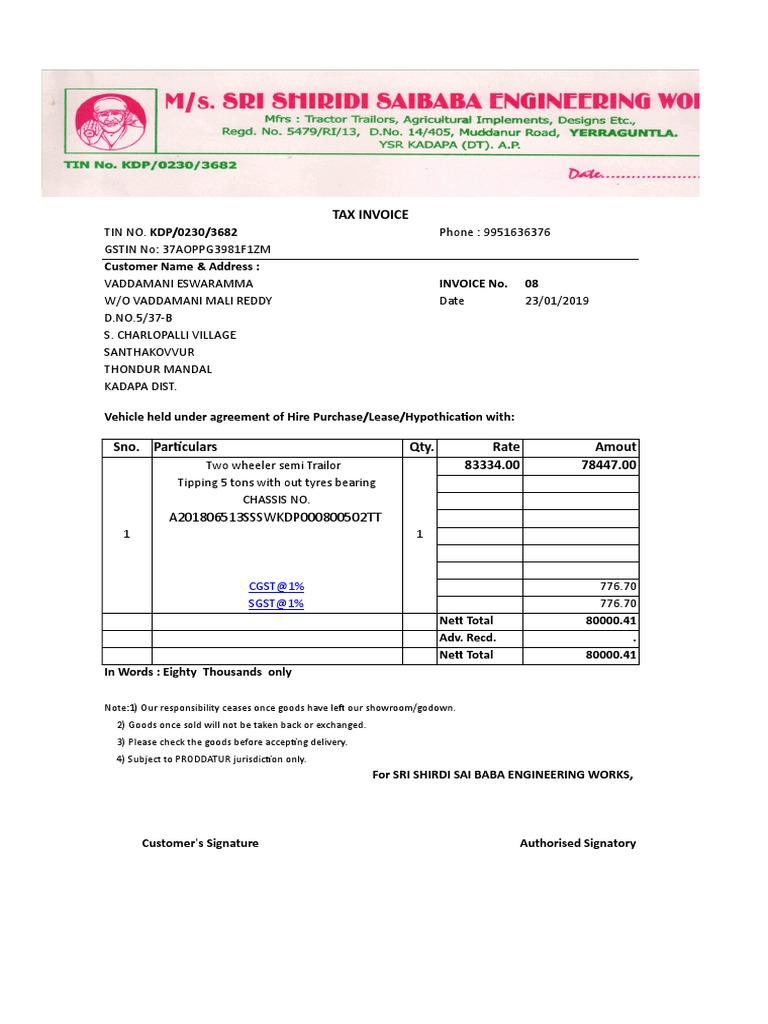 TAX INVOICE FOR TWO WHEELER SEMI TRAILOR | PDF | Government Finances ...