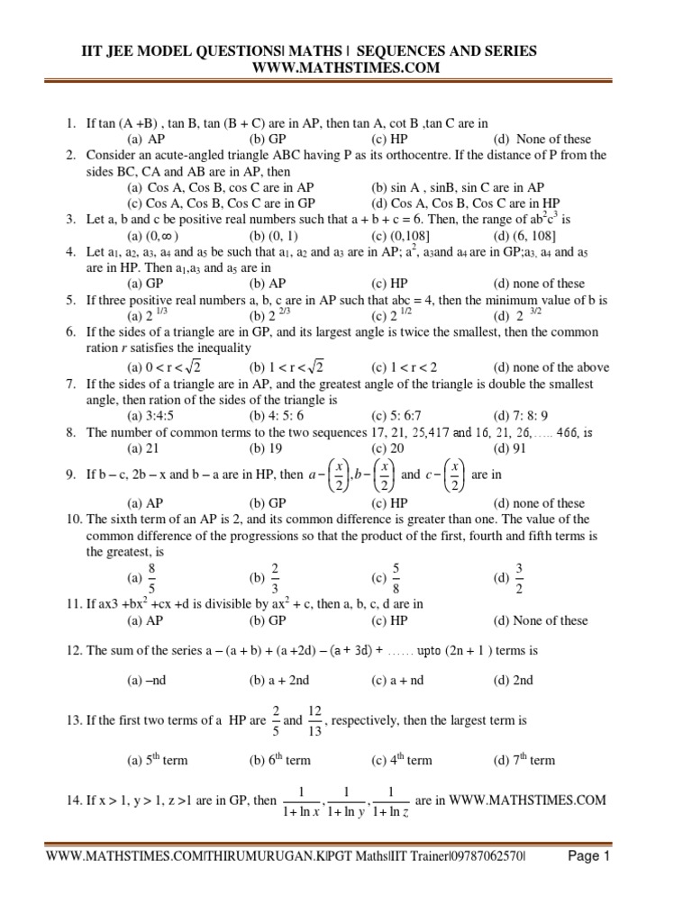 Iit Jee Model Questions - Maths - Sequences and Series: X B X A X C ...
