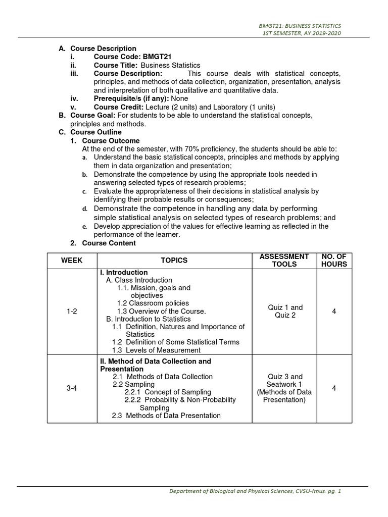 Course Outline BMGT21 | PDF | Probability Distribution | Statistics