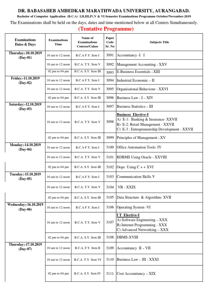 Bba Bca I To Vi Sem Time Table Oct 2019 | PDF | Computing | Business