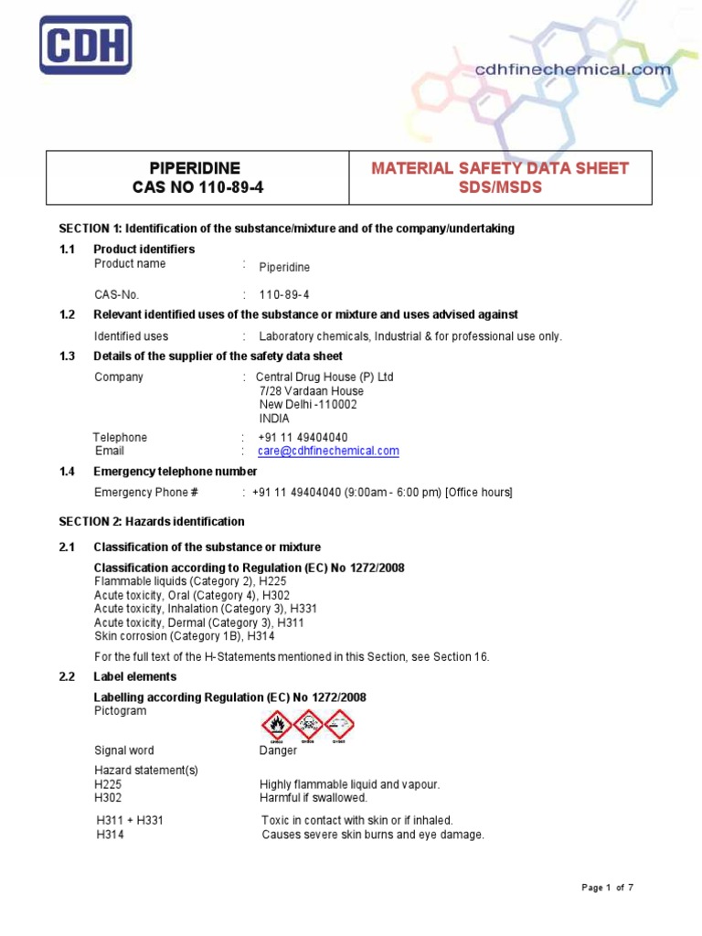 Piperidine Safety Data Sheet (SDS) | PDF | Toxicity | Personal ...