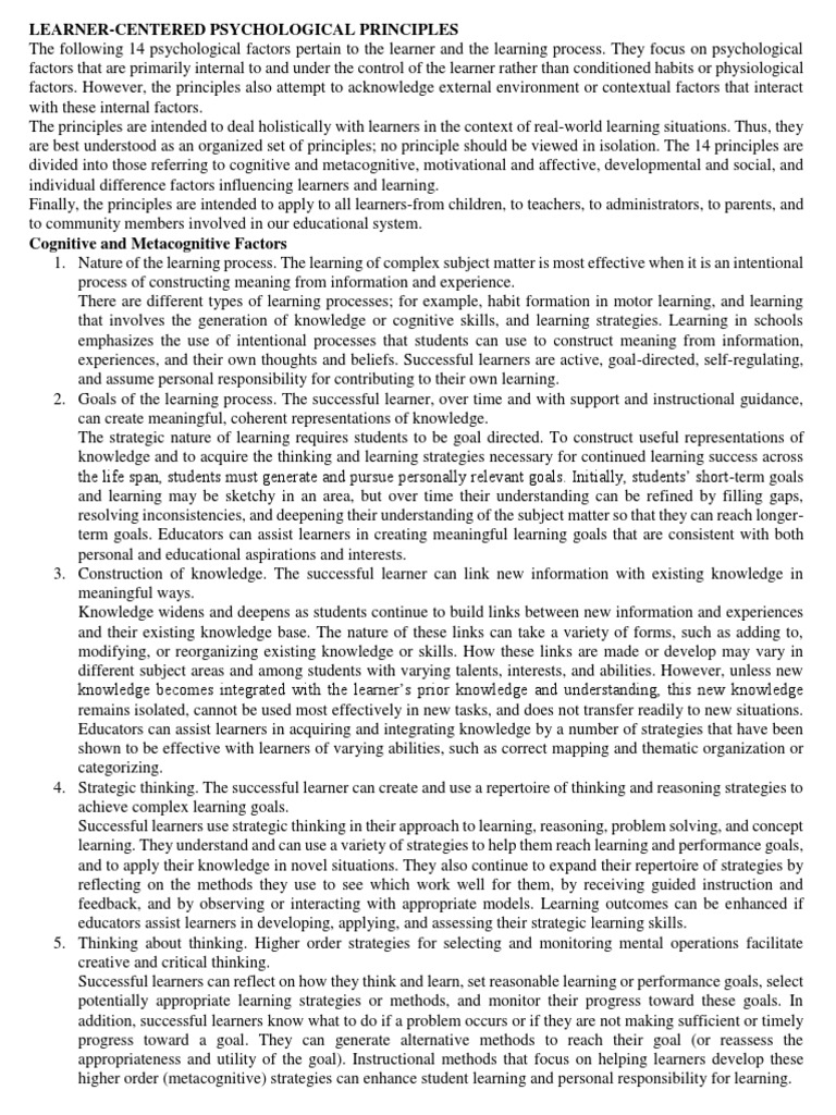 Learner-Centered Psychological Principles | PDF | Cognitive Development ...
