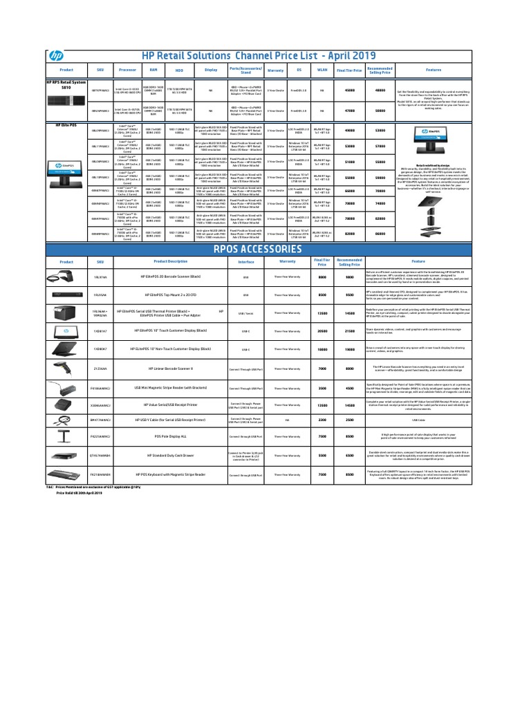HP Retail Solutions April 2019 Price List | PDF | Point Of Sale | Usb