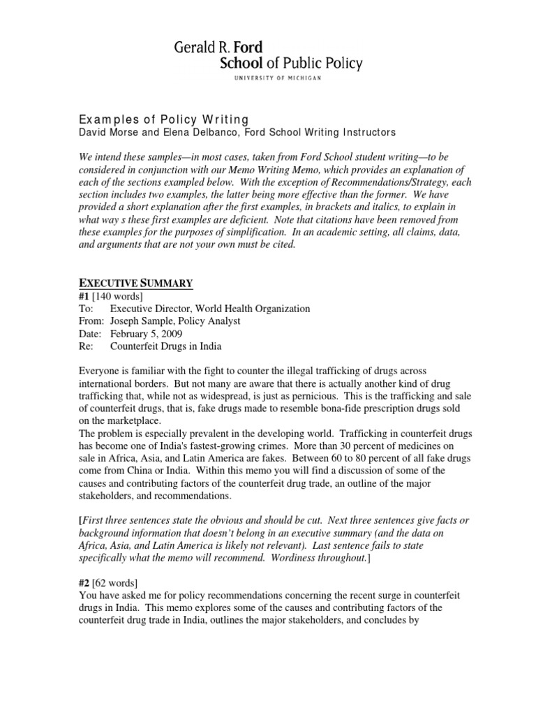 Examples of Policy Writing: David Morse and Elena Delbanco, Ford School ...