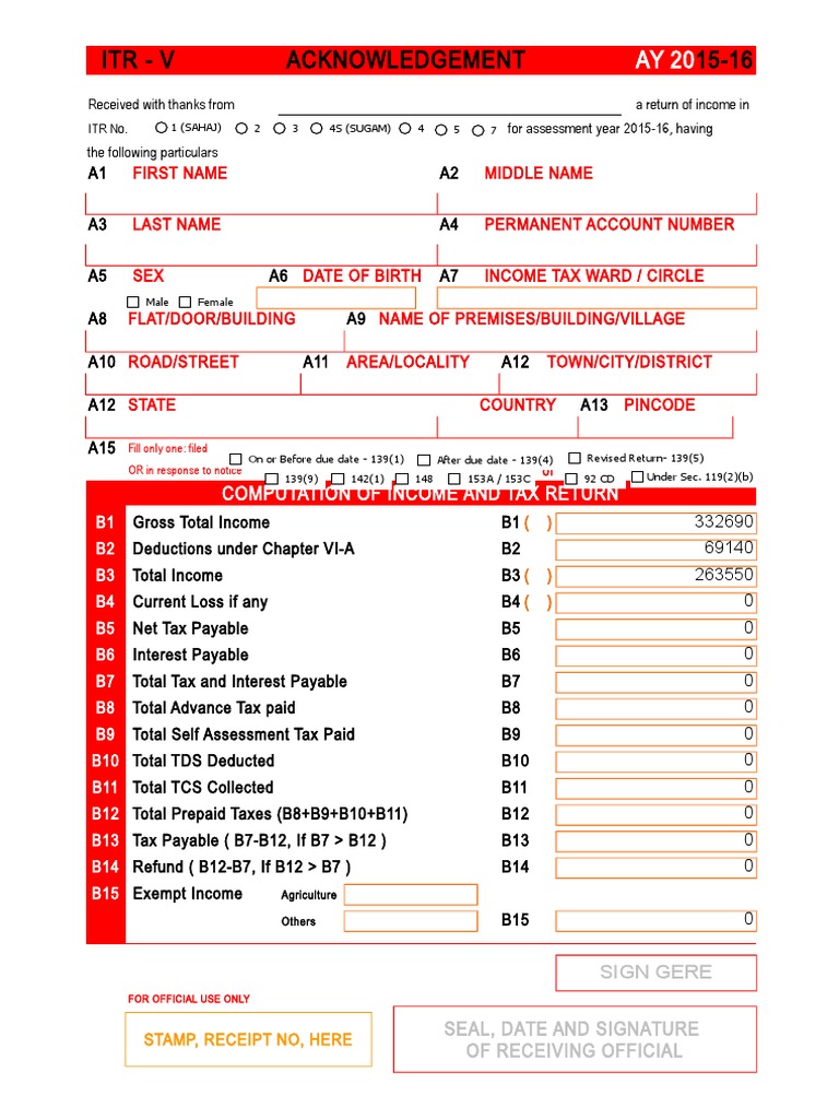 Itr - V Acknowledgement 15-16: Computation of Income and Tax Return ...