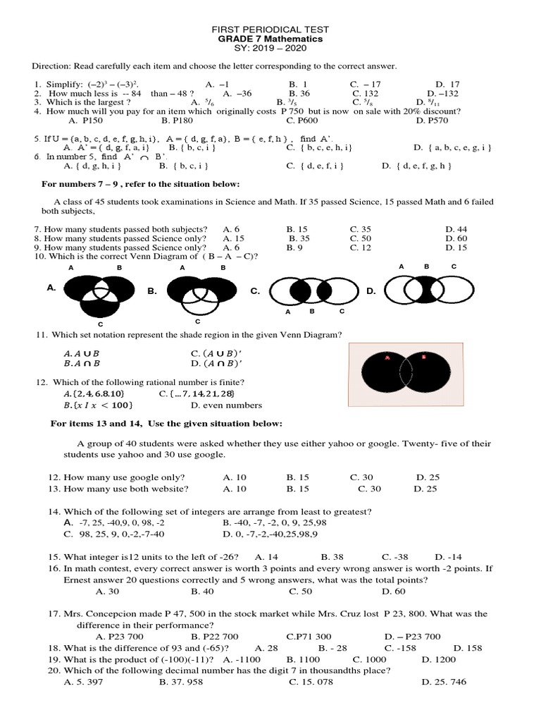 1st Periodic Test - Math 7 | PDF | Integer | Mathematical Objects