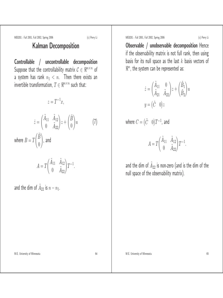 Kalman Decomposition: Observable / Unobservable Decomposition Hence ...