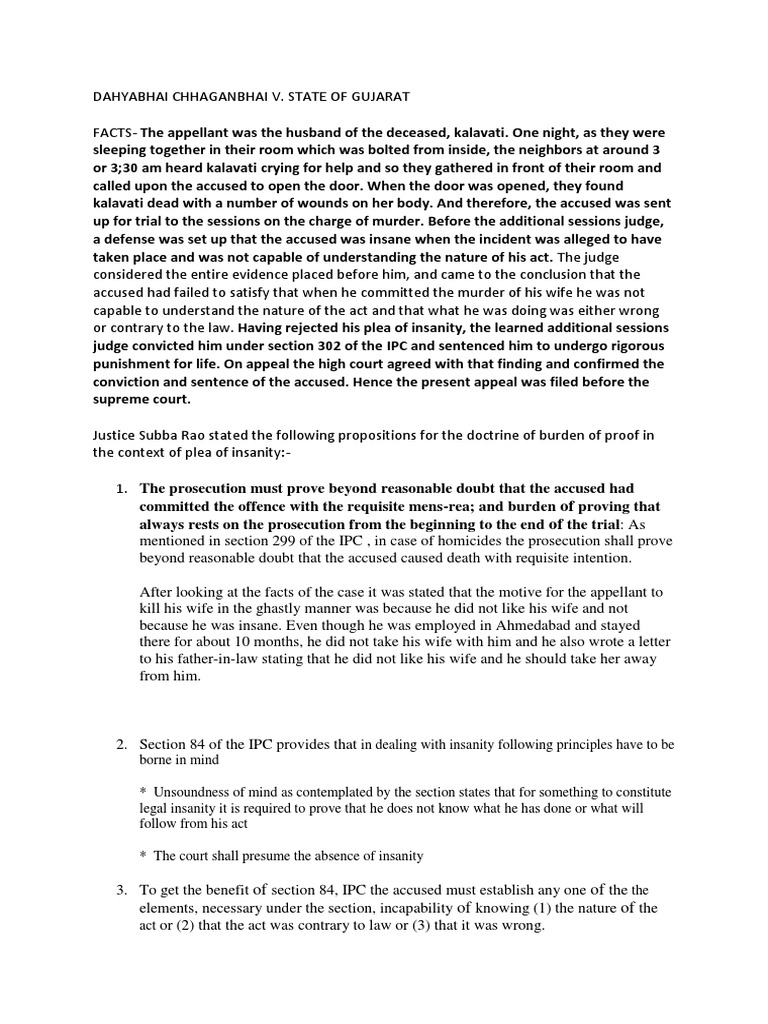 Dayabhai Chhaganbhai v. State of Gujarat | PDF | Insanity Defense ...