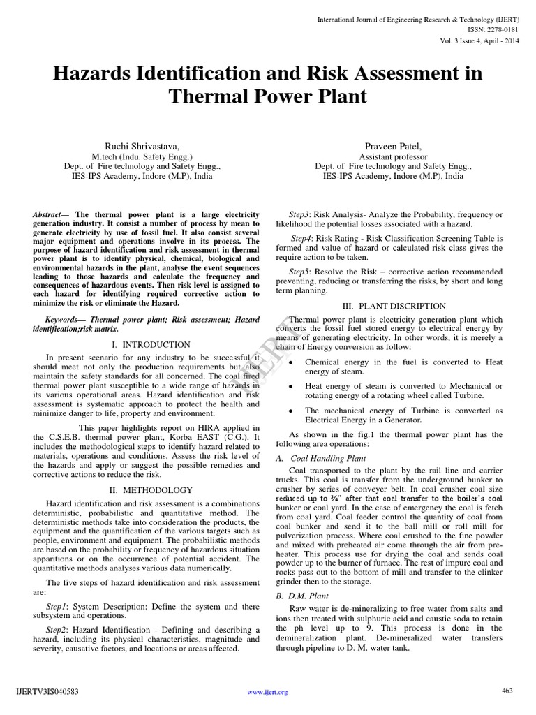 Hazards Identification and Risk Assessment in Thermal Power Plant ...