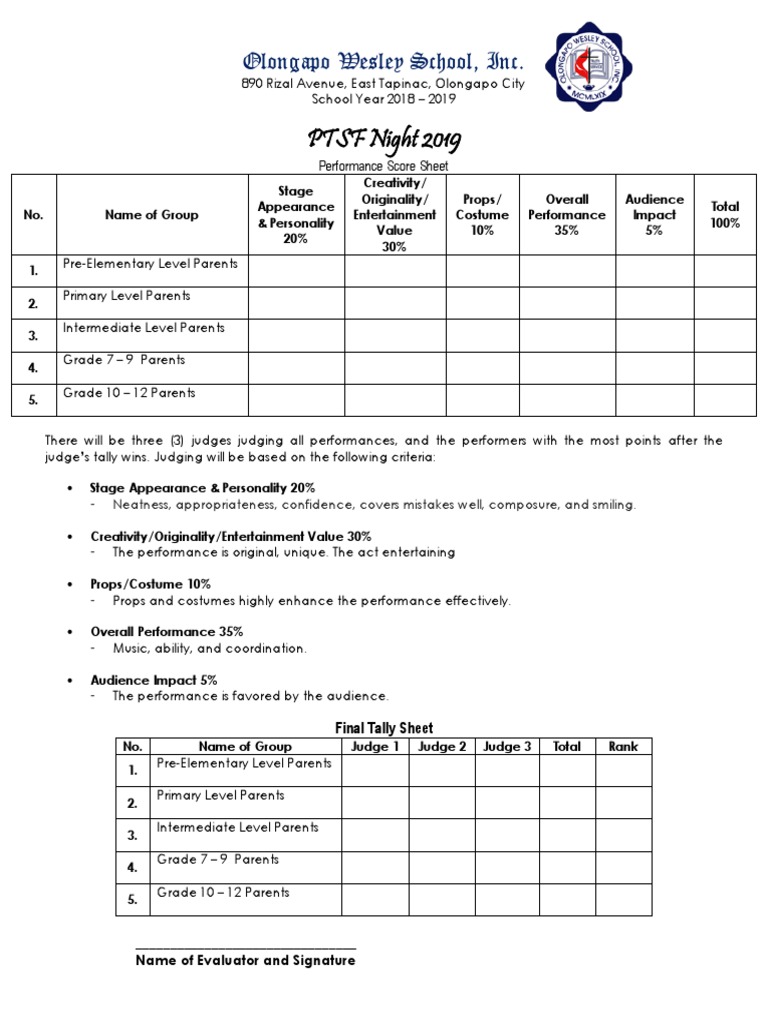 PTSF Night 2019: Olongapo Wesley School, Inc | PDF | Cognition