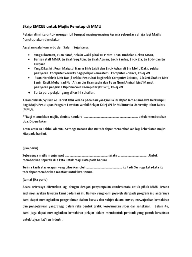 Skrip EMCEE Untuk Majlis Penutup Di MMU (EDITED) | PDF