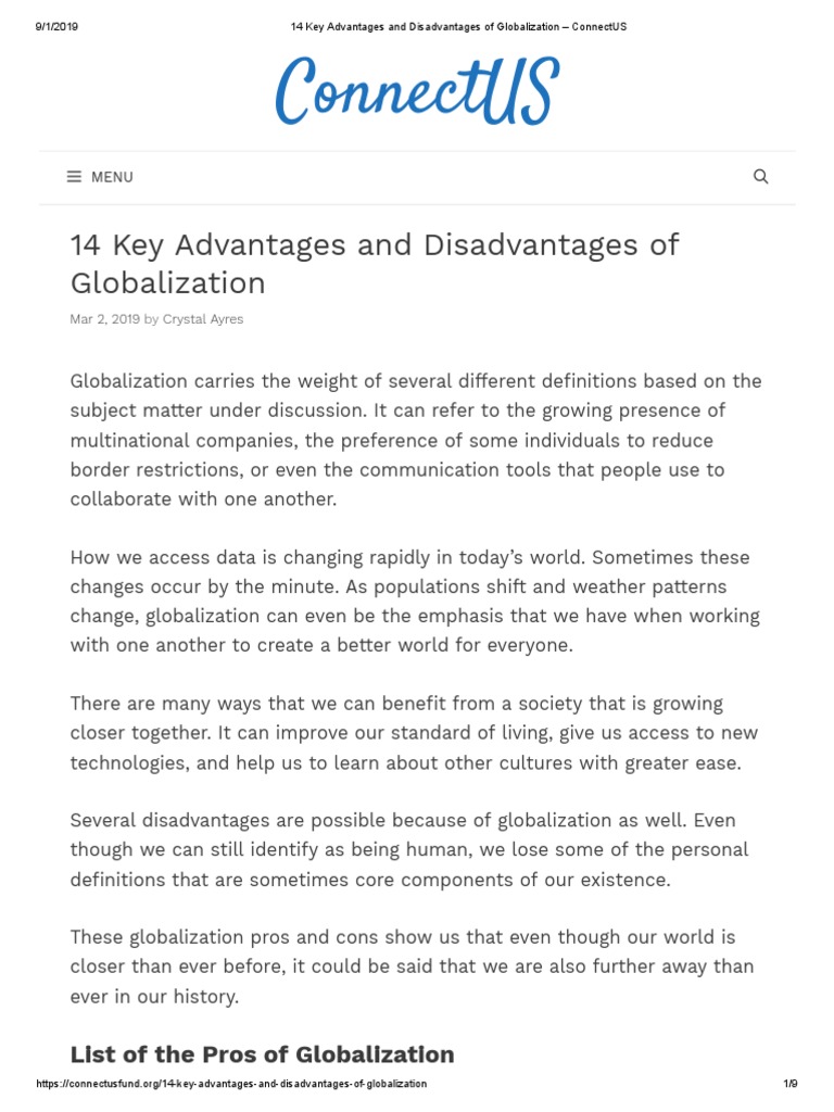 14 Key Advantages and Disadvantages of Globalization - ConnectUS | PDF | Globalization | Employment