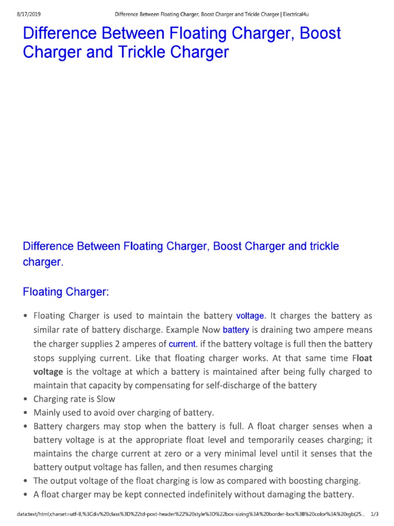 Difference Between Float... Charger - Electrical4u | PDF