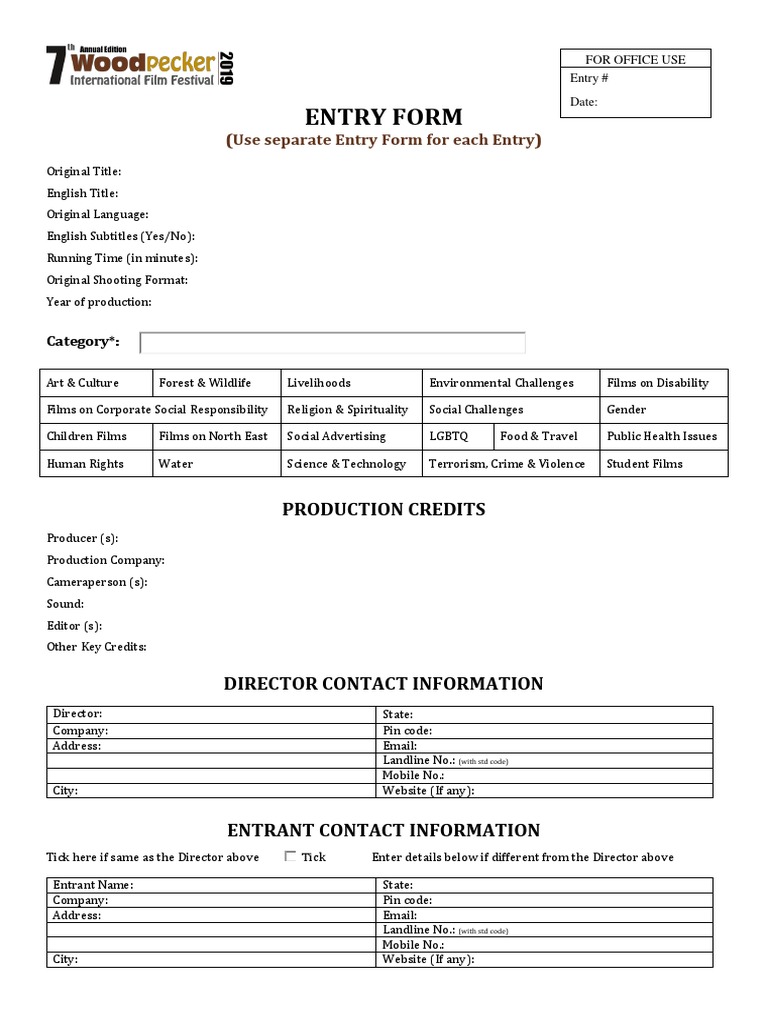 Woodpecker Film Festival Entry Form | PDF | Cheque | Business