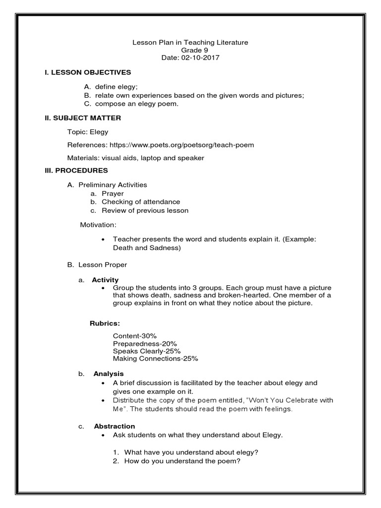 Lesson Plan in Teaching Lit | PDF | Poetry | Lesson Plan