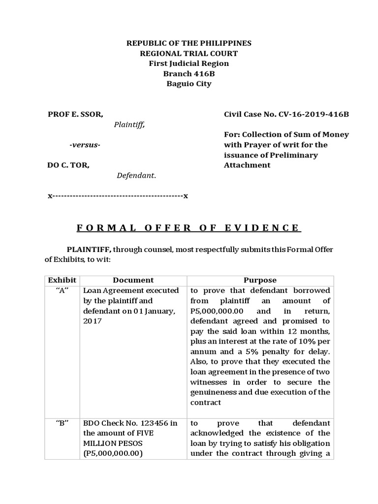 Formal Offer of Evidence in Civil Case | PDF | Loans | Lawsuit