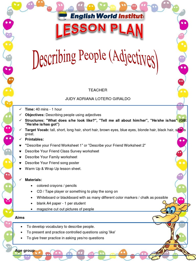 Describing People (Adjectives) LESSON PLAN JUDY | PDF | Learning ...