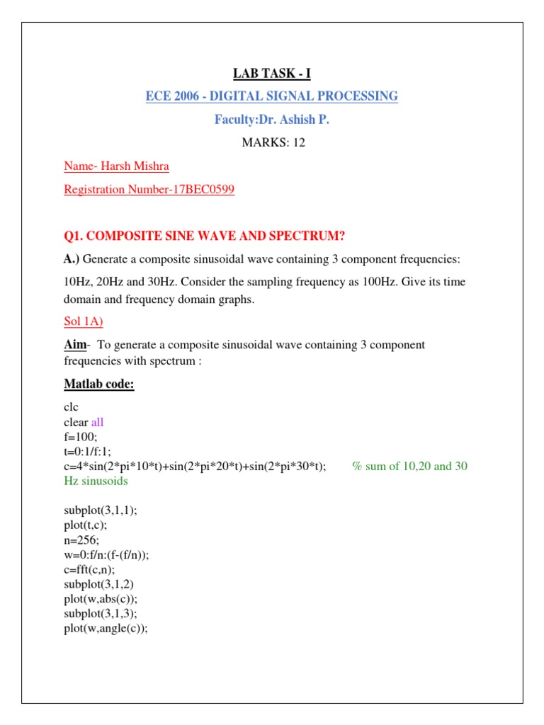 Lab Task - I: Ece 2006 - Digital Signal Processing Faculty:Dr. Ashish P | PDF | Spectral Density ...