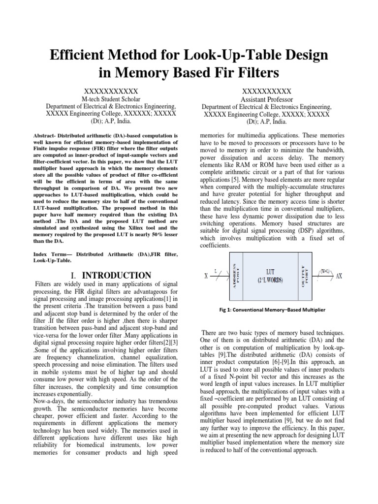 Efficient Method For Look-Up-Table Design in Memory Based Fir Filters ...