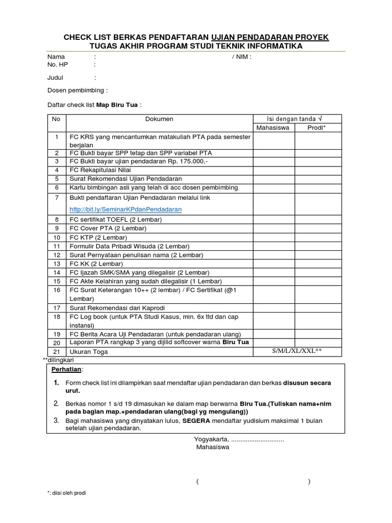 CHECK LIST (Update) BERKAS PNDFTRN UJIAN PENDADARAN, YUDISIUM DAN WISUDA PRODI TI PDF | PDF