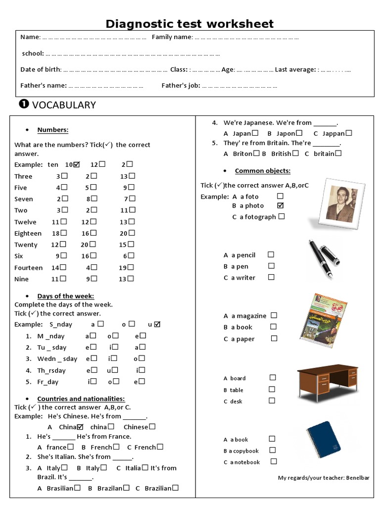 2MS Diagnostic Test Worksheet | PDF