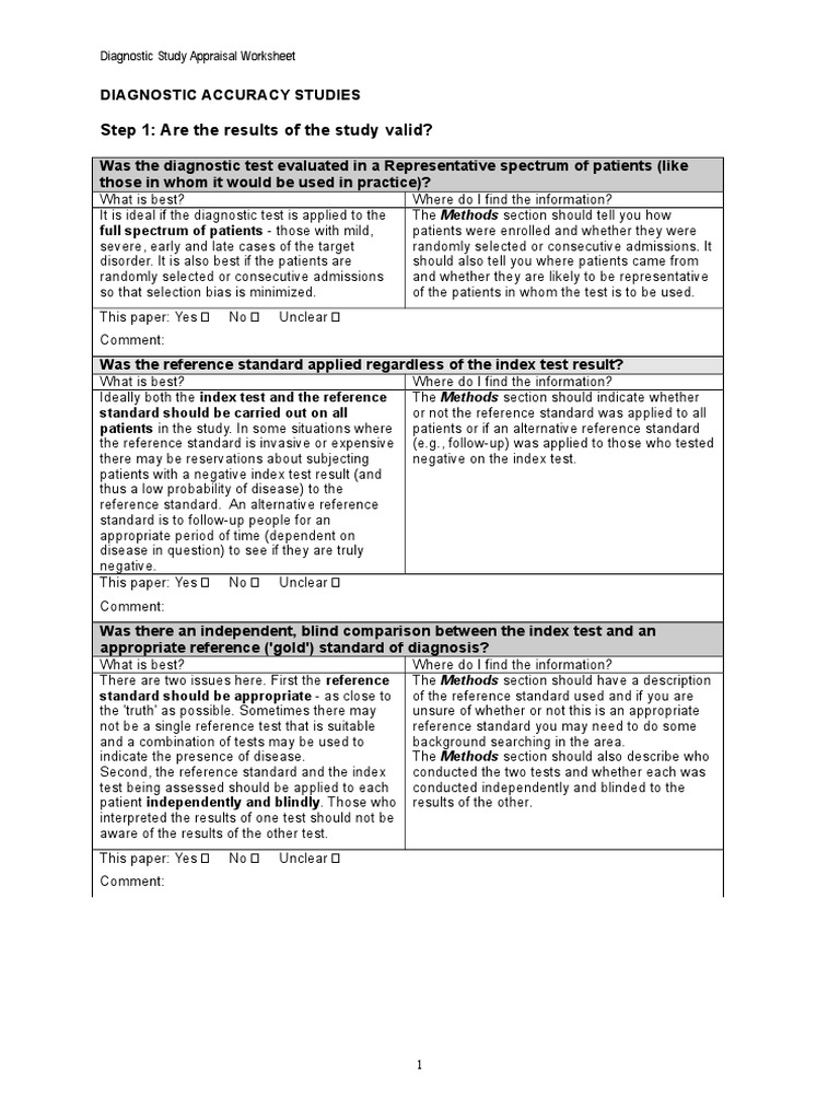 CEBM Diagnostic Study Appraisal Worksheet | PDF | Sensitivity And ...