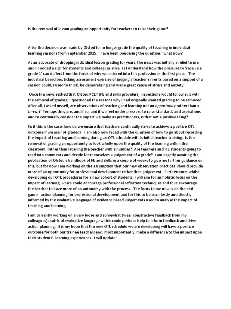 Is The Removal of Lesson Grading An Opportunity For Teachers To Raise ...