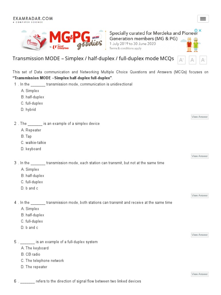 22.examradar Com Data Communication Transmission Mode Simplex Half Duplex Full Duplex Mcqs | PDF ...