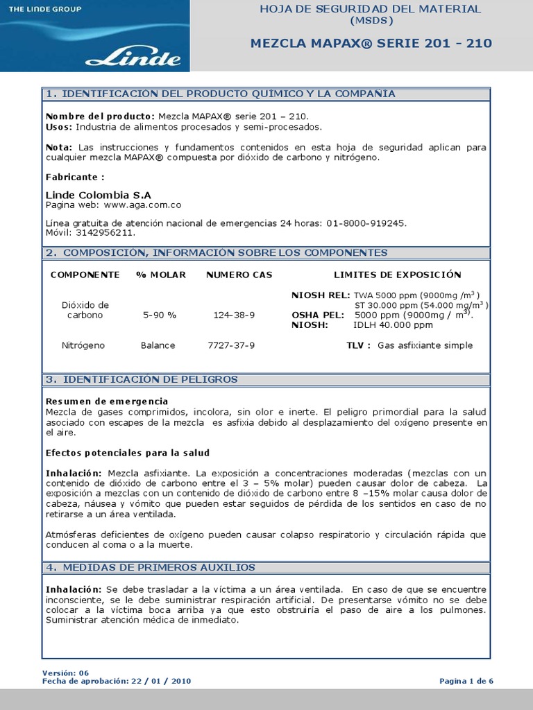 Hoja de Seguridad Msds Mezcla Mapax Serie 201210 | PDF | Oxígeno | Carbón