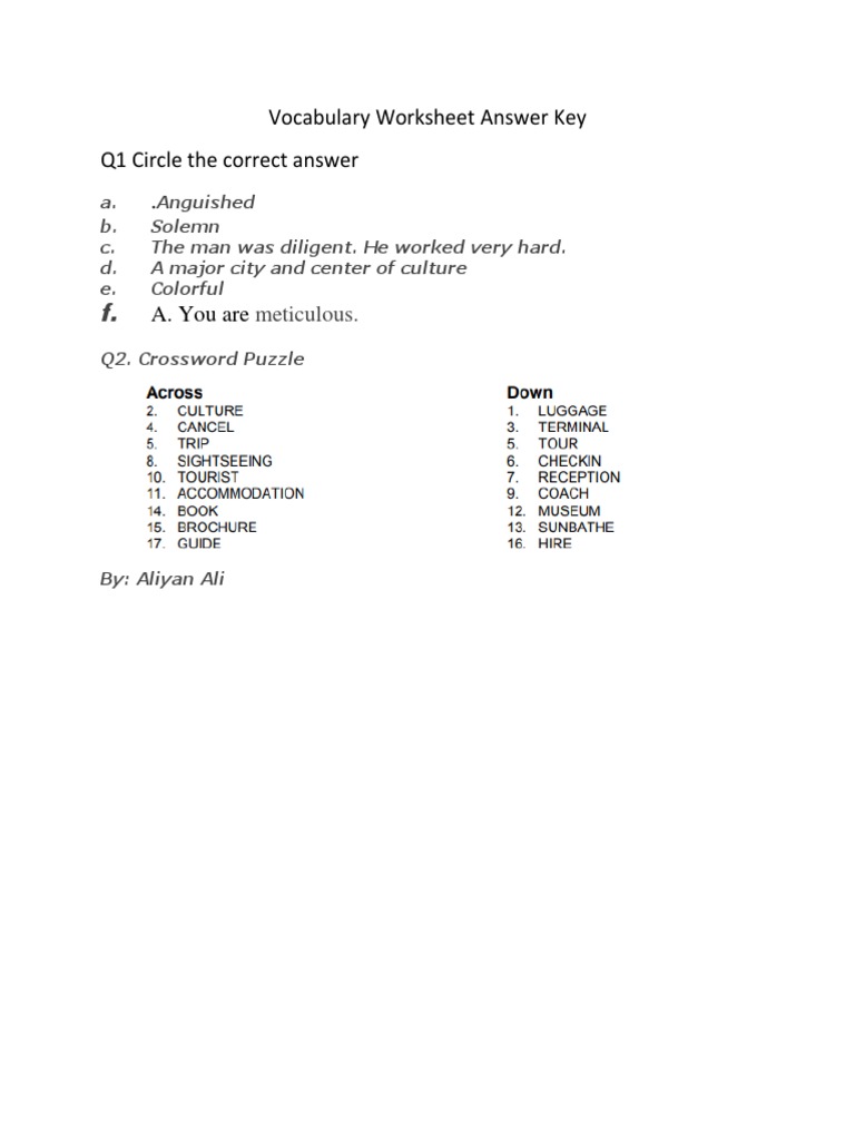 Vocabulary Worksheet Answer Key Q1 Circle The Correct Answer | PDF