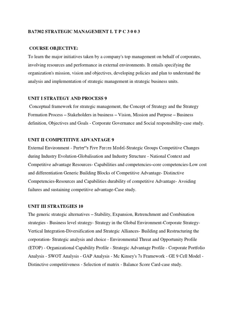 Ba7302 Strategic Management Syllabus | PDF | Competitive Advantage ...
