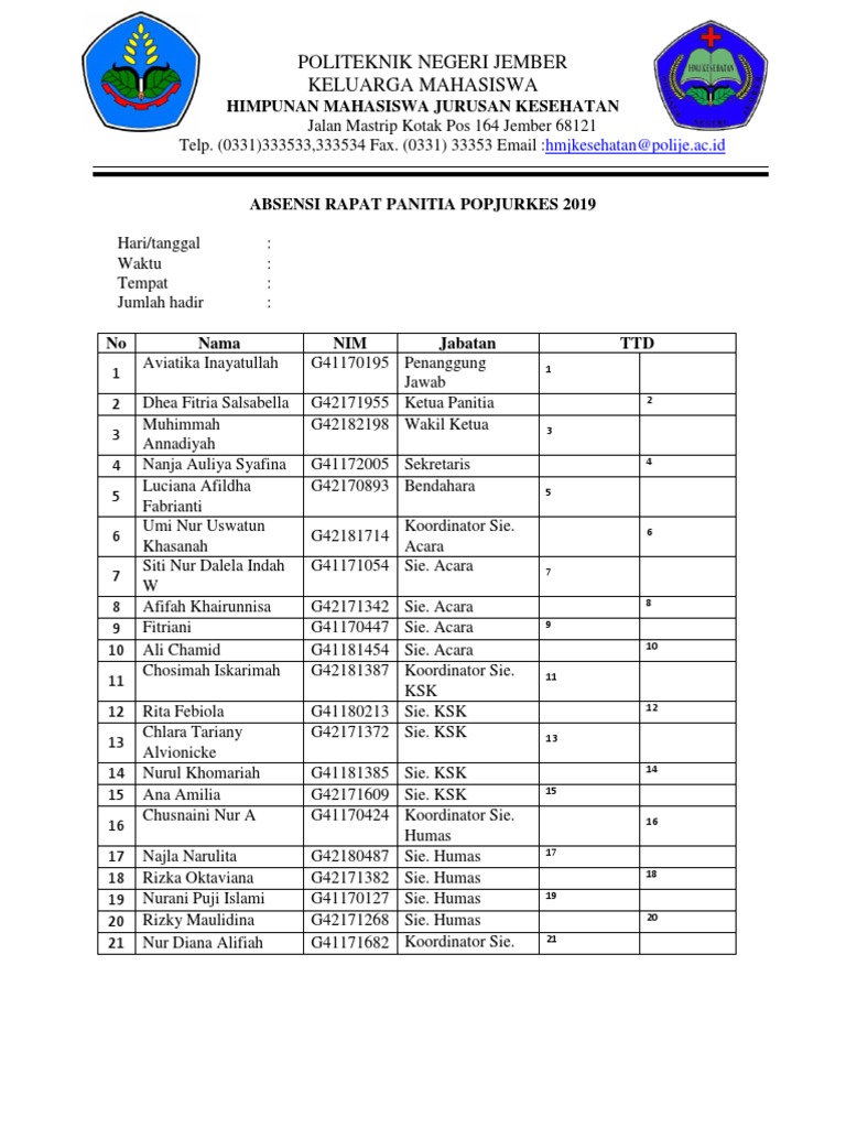 Absensi Rapat Panitia Popjurkes 2019-1 PDF | PDF