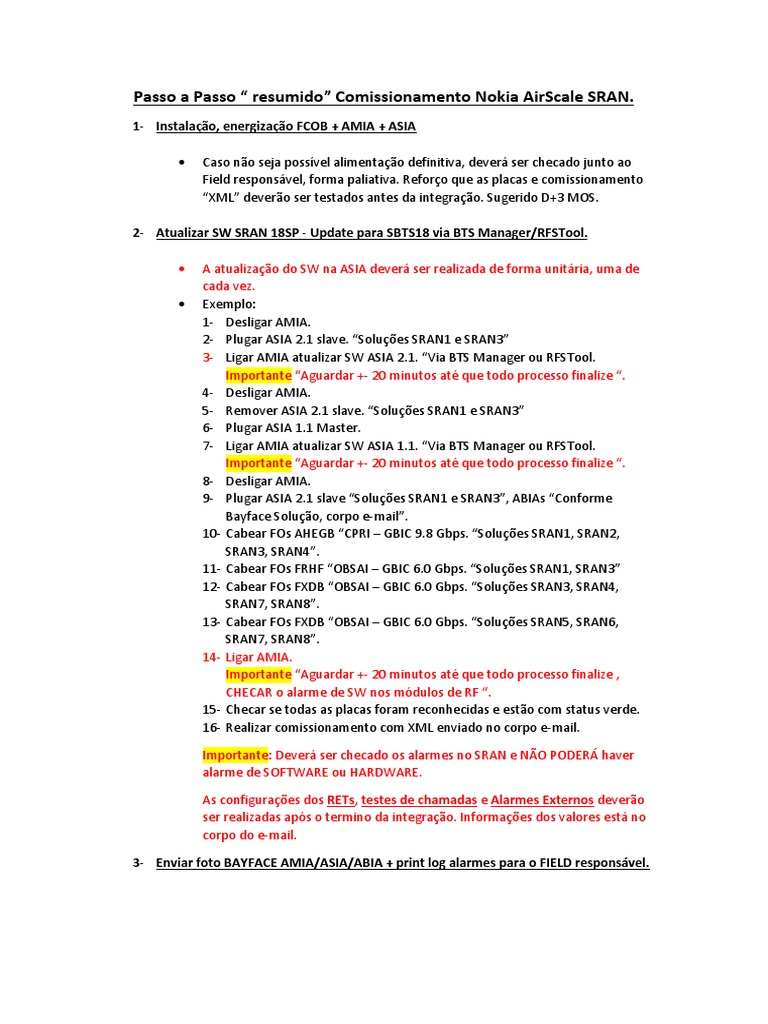 Passo A Passo " Resumido" Comissionamento Nokia AirScale SRAN - Rev0 ...