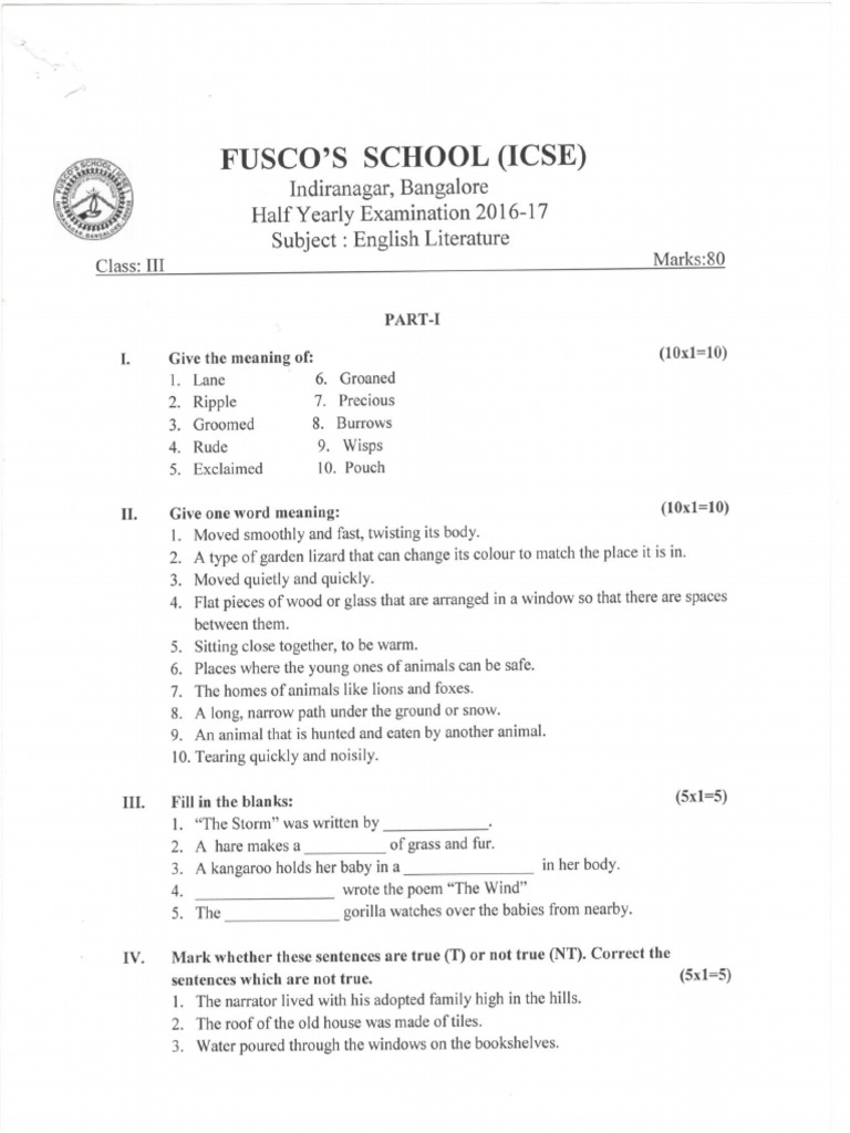 ICSE Class III English Literature Half Yearly Model Exam PDF | PDF