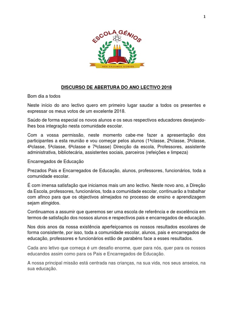 Discurso de Abertura 2018 | PDF | Escolas | Aprendizado
